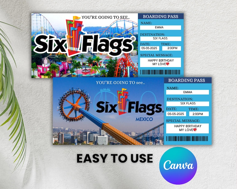 Editable Six Flags Gift Ticket, Birthday Surprise Ticket, Boarding Pass ...