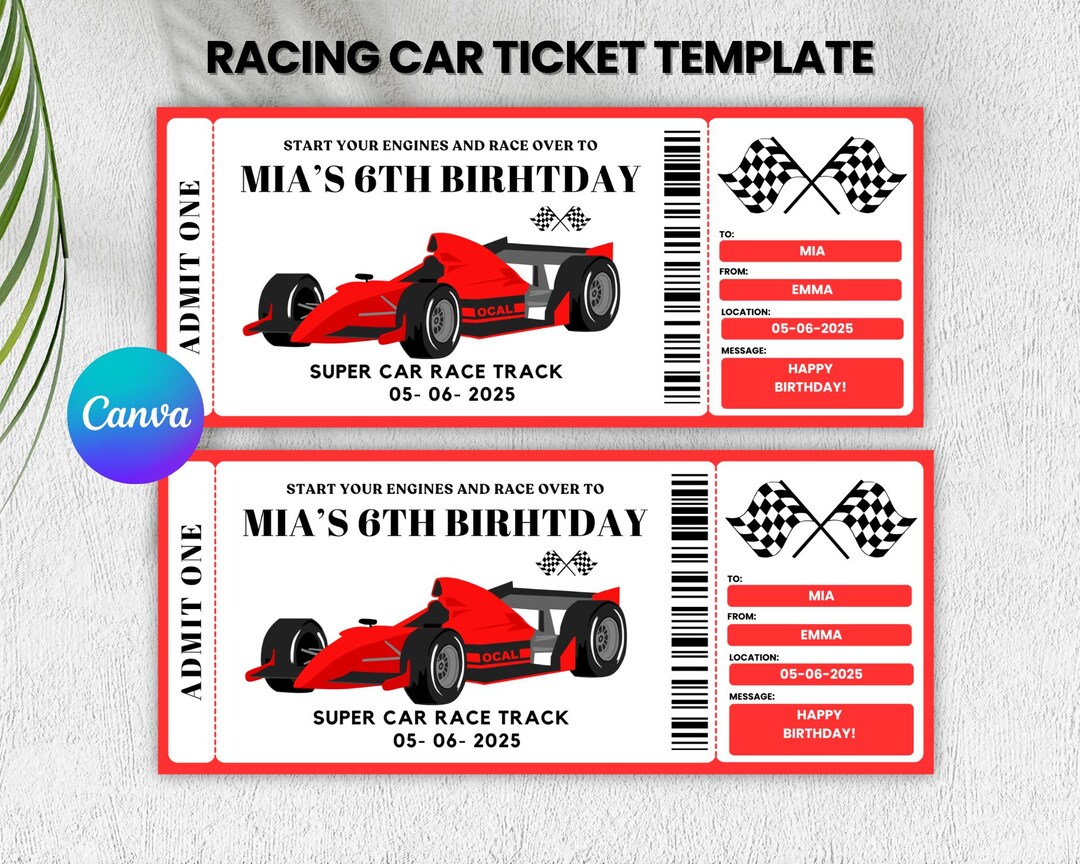 Editable Racing Car Surprise Gift Ticket Template, Birthday Event ...