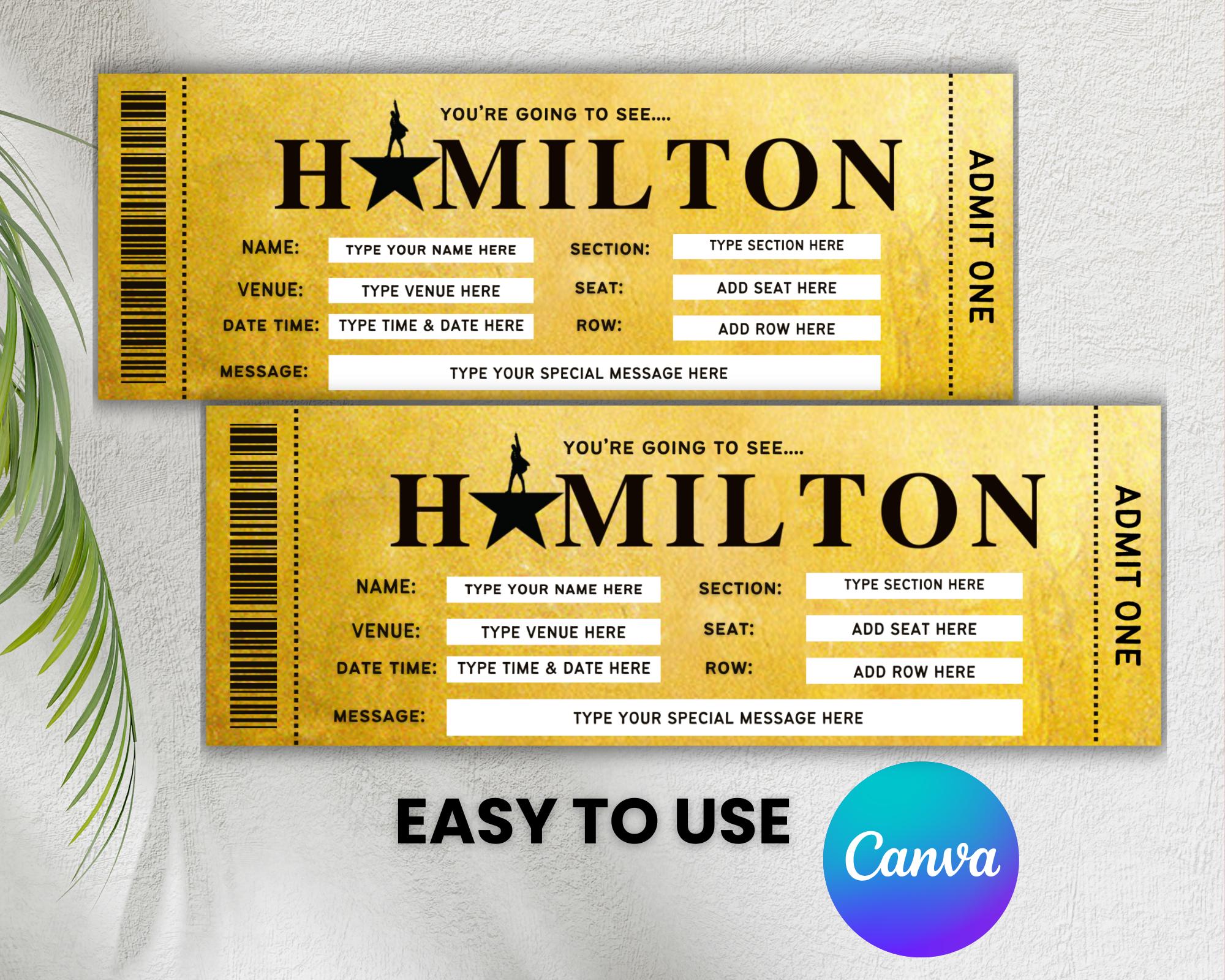 Editable Hamilton Broadway Ticket Template: Surprise Gift (instant ...