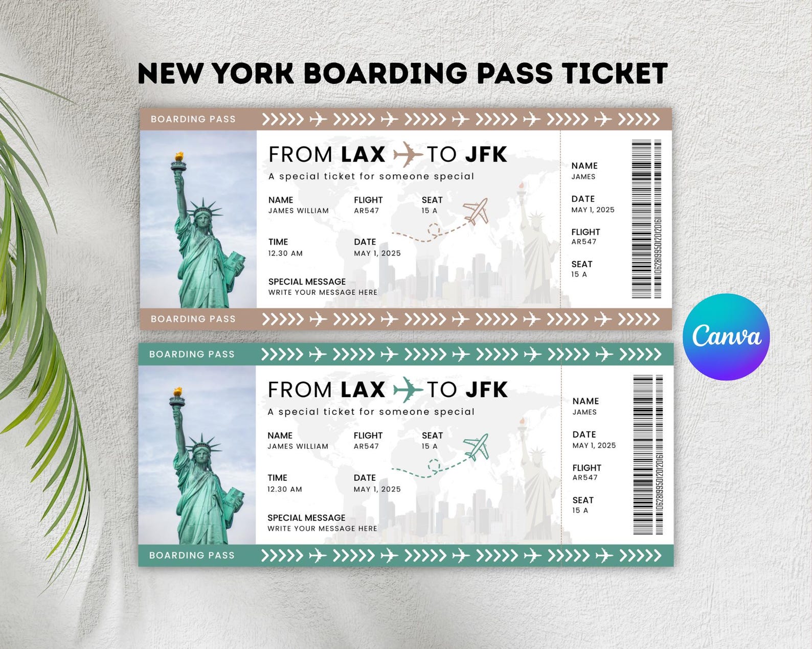 Editable New York Boarding Pass Ticket, New York Surprise Trip Ticket ...