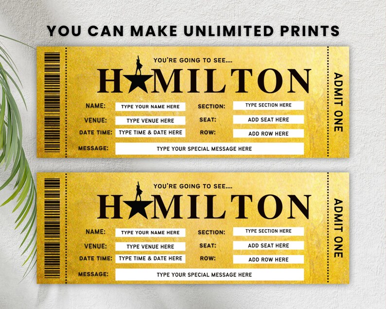 Editable Hamilton Broadway Ticket Template: Surprise Gift (instant ...