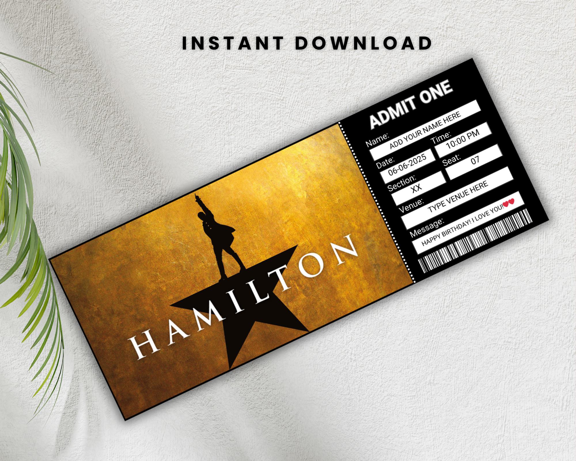 Editable Hamilton Musical Theatre Ticket Template, Personalized Gift ...