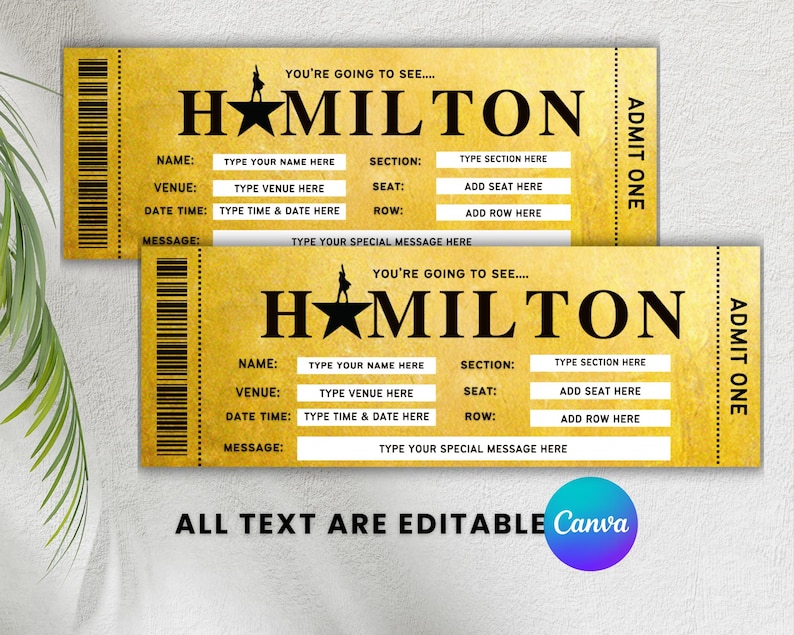 Editable Hamilton Broadway Ticket Template: Surprise Gift (instant ...