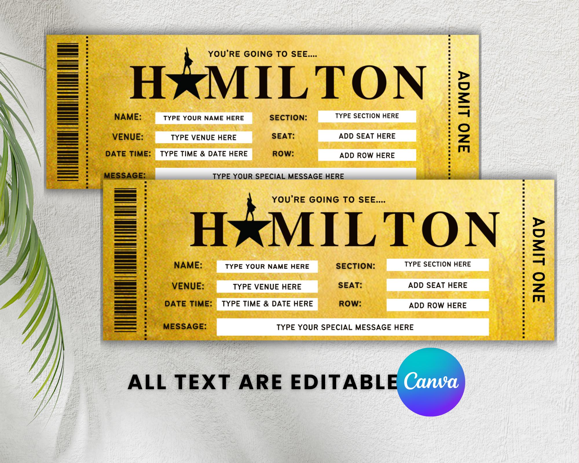 Editable Hamilton Broadway Ticket Template: Surprise Gift (instant ...