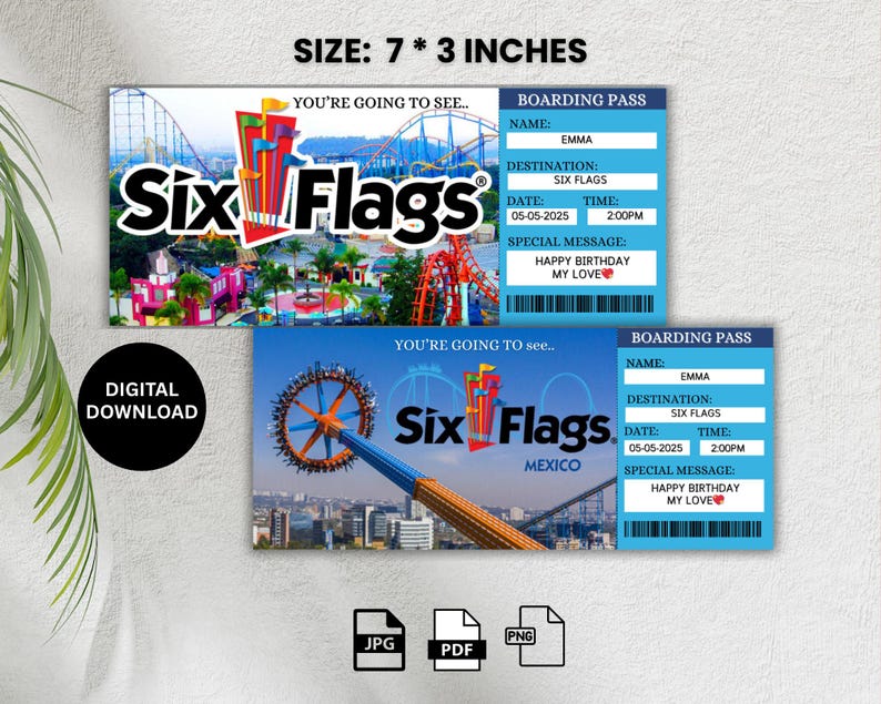 Editable Six Flags Gift Ticket, Birthday Surprise Ticket, Boarding Pass ...