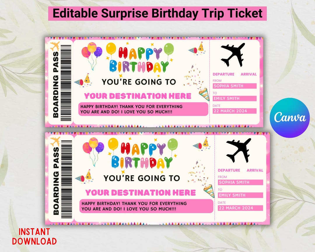 Surprise Birthday Trip Ticket Template, Happy Birthday Gift Ticket ...