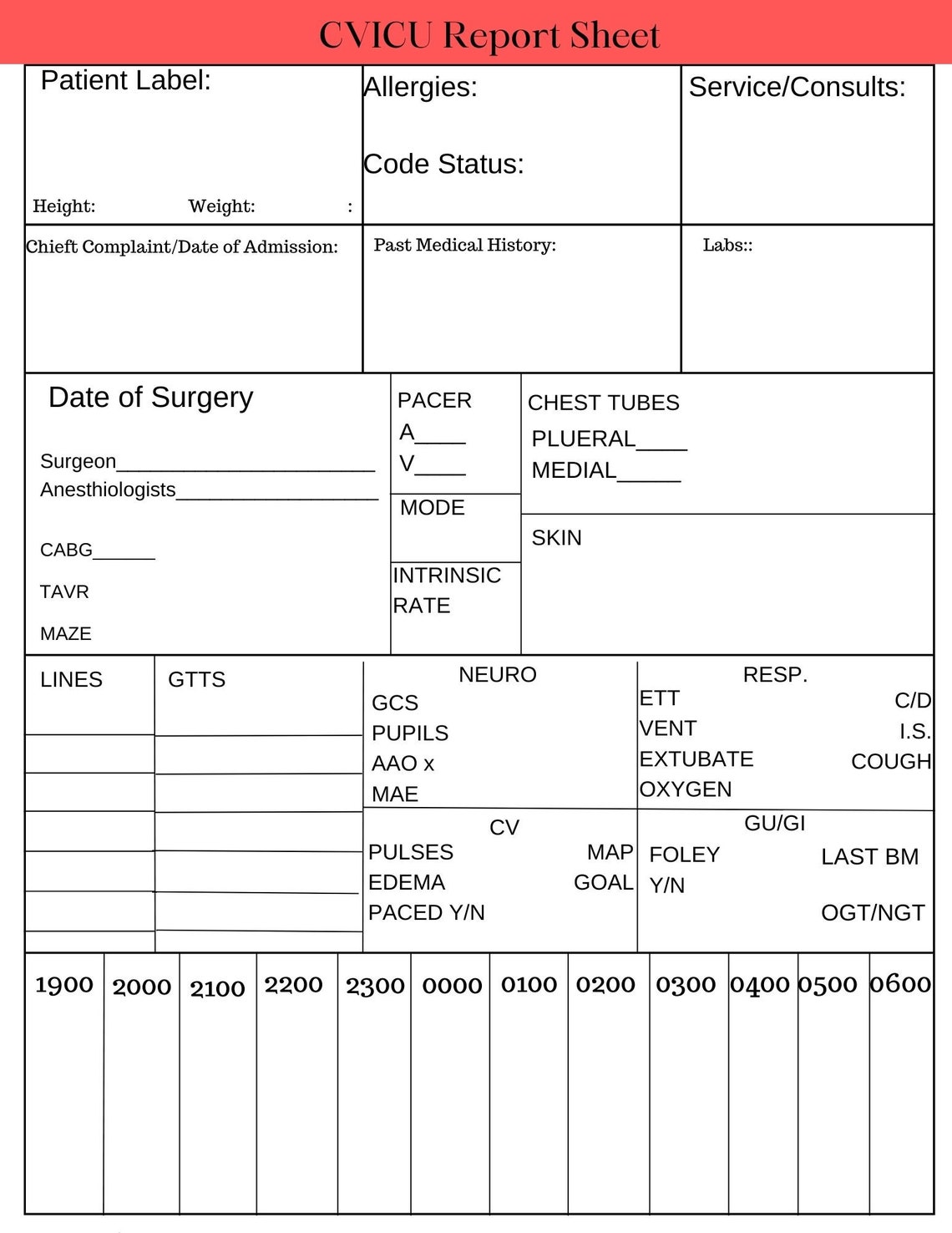Nursing Report Sheet, Icu Bedside Report Sheet, SBAR, Cvicu Report ...
