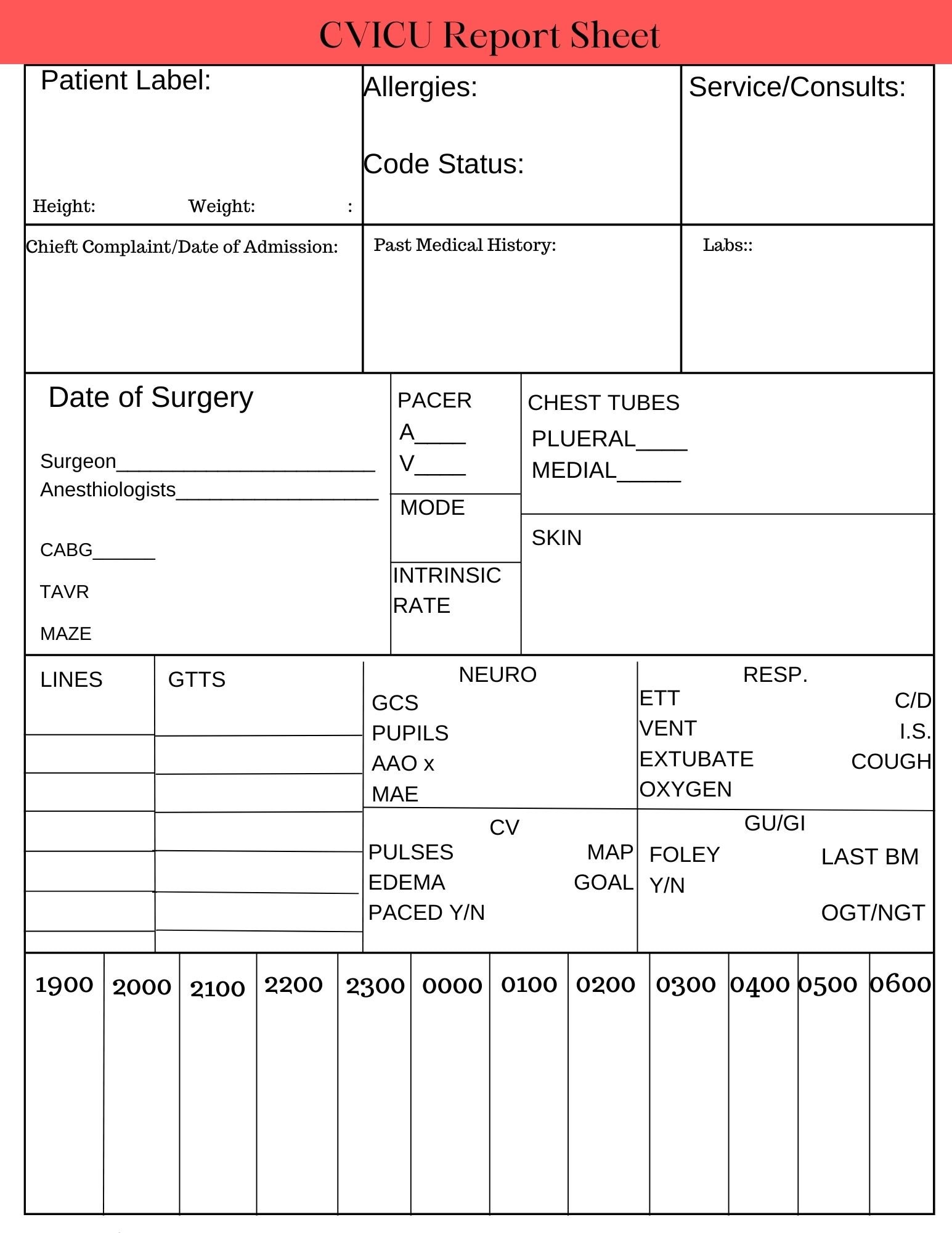 Nursing Report Sheet, Icu Bedside Report Sheet, SBAR, Cvicu Report ...