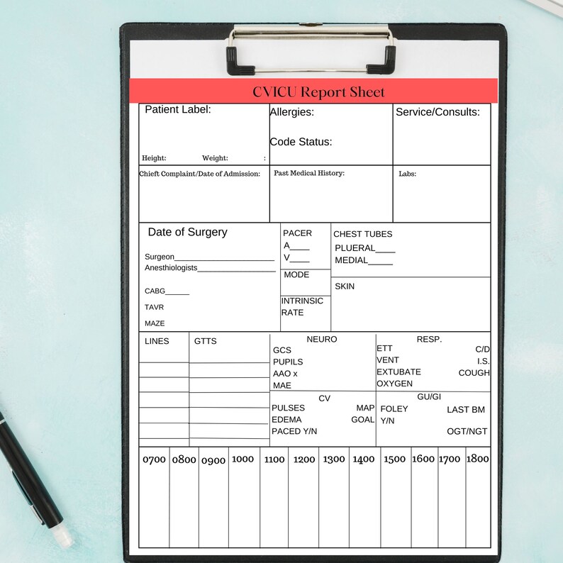 Nursing Report Sheet, Icu Bedside Report Sheet, SBAR, Cvicu Report ...