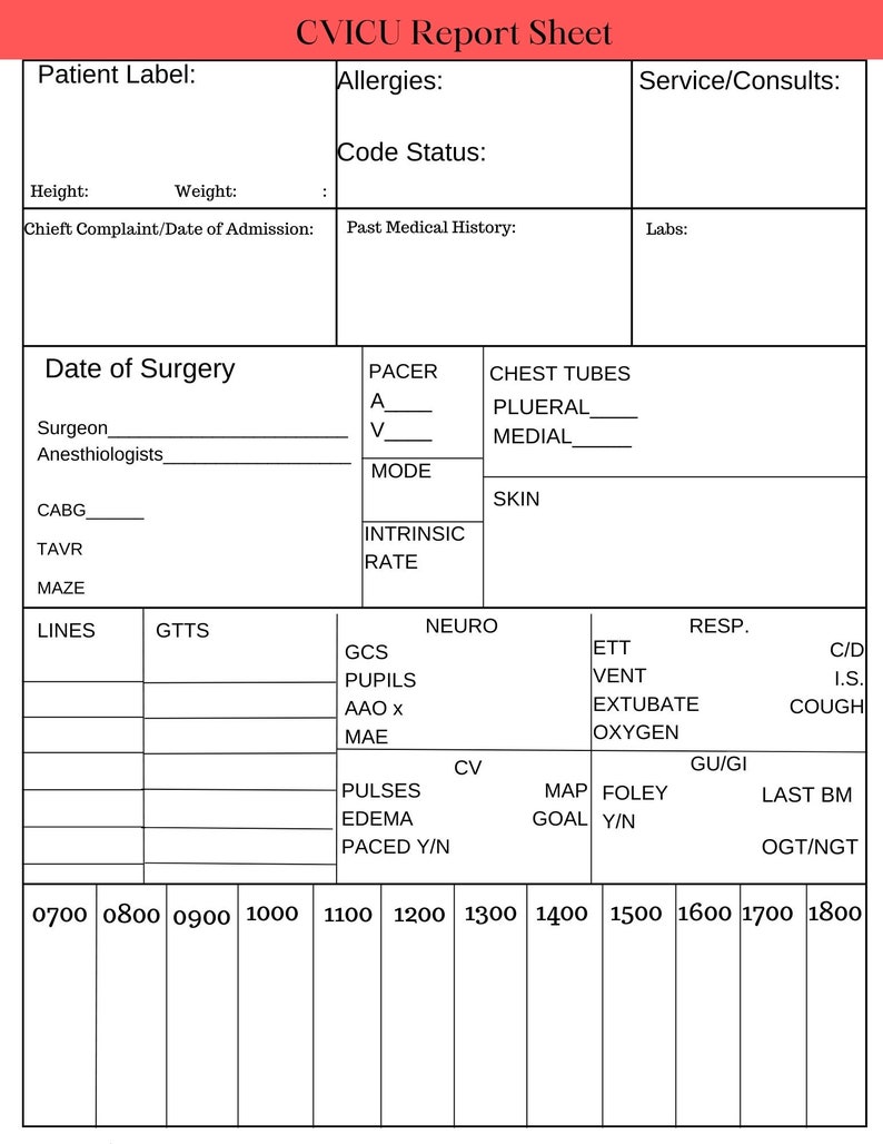 Nursing Report Sheet, Icu Bedside Report Sheet, SBAR, Cvicu Report ...