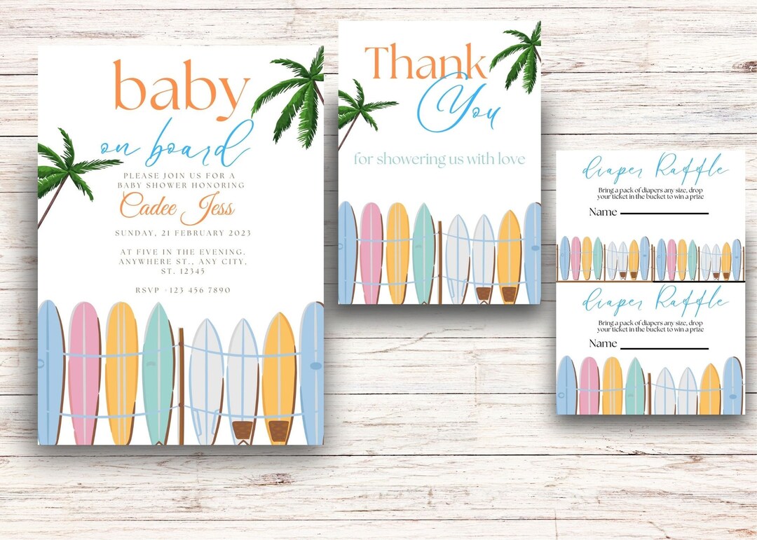 Editable Baby Shower Invitation, Edit With Canva, Baby on Board, Surf ...