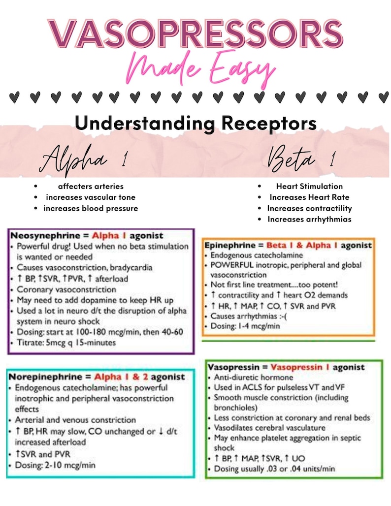 ICU Vasopressor Cheat Sheet: Nurse Medication Guide (PDF Download) - Etsy