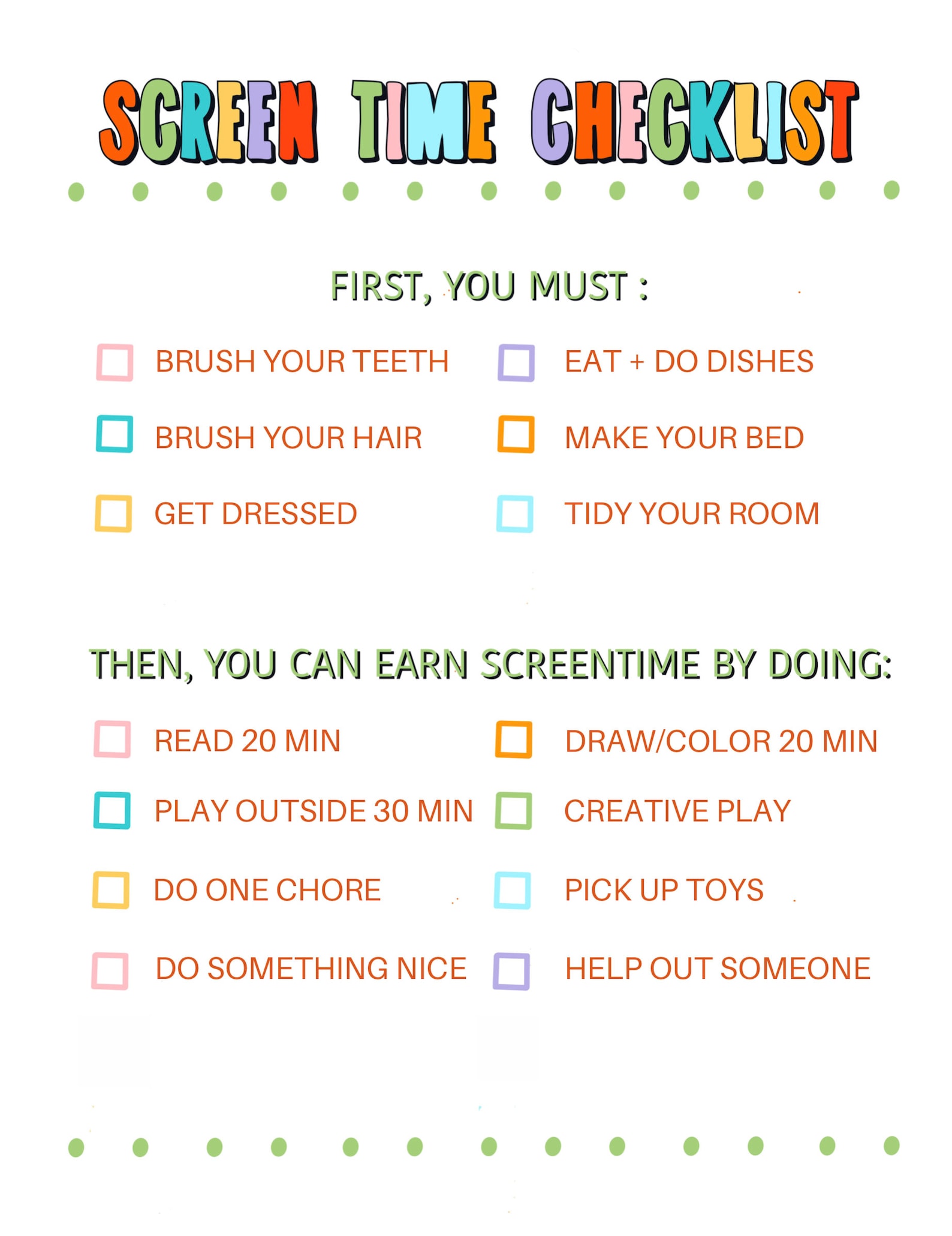 Screen Time Checklist for Kids - Etsy