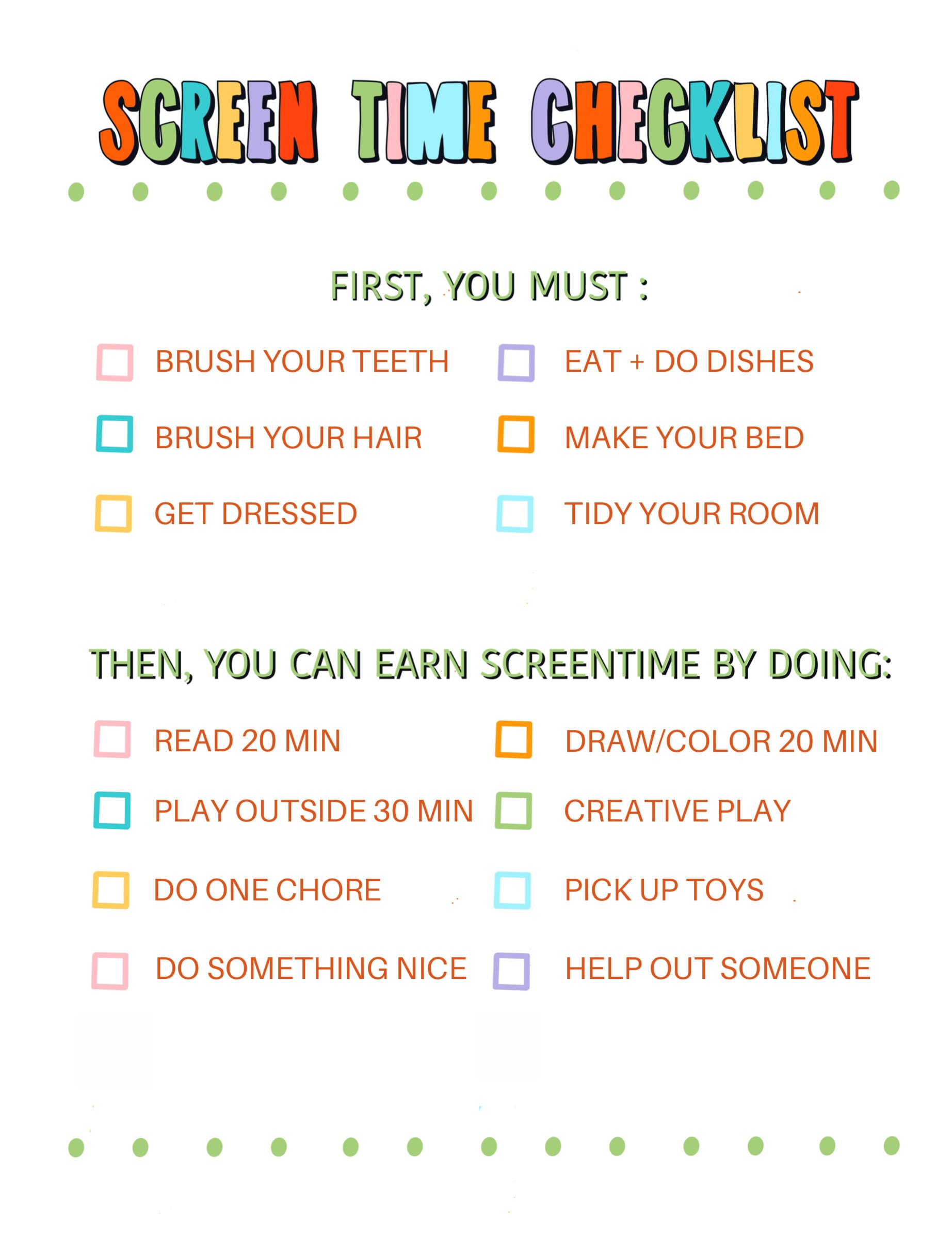 Screen Time Checklist for Kids - Etsy