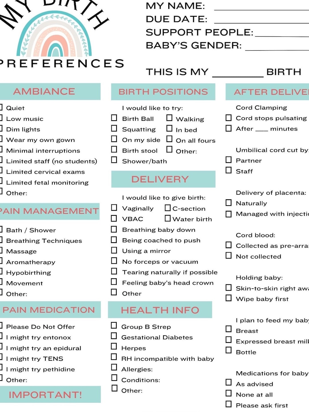 My Birth Preferences Birth Plan Template for Being Prepared - Etsy