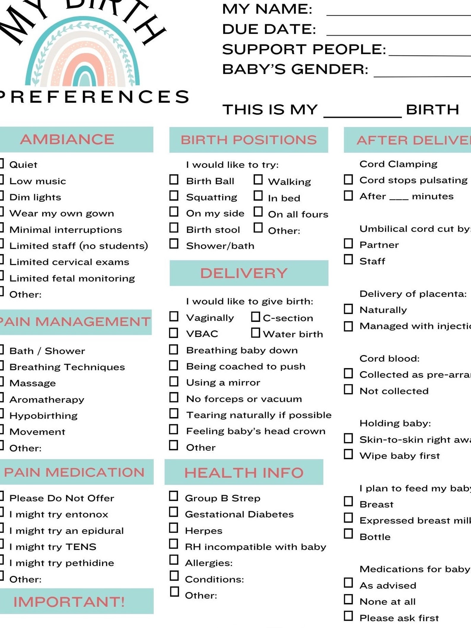 My Birth Preferences Birth Plan Template for Being Prepared - Etsy