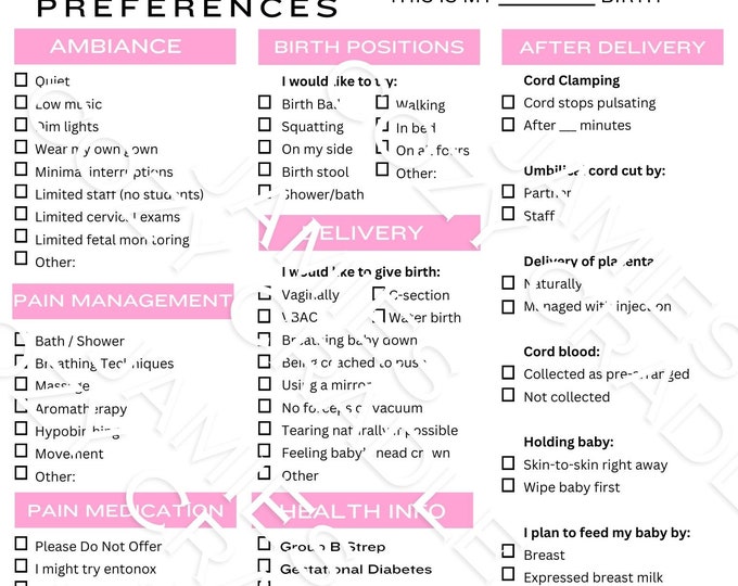 My Birth Preferences, Birth Plan Template for Being Prepared to Give ...