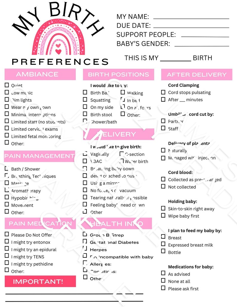 My Birth Preferences, Birth Plan Template for Being Prepared to Give ...