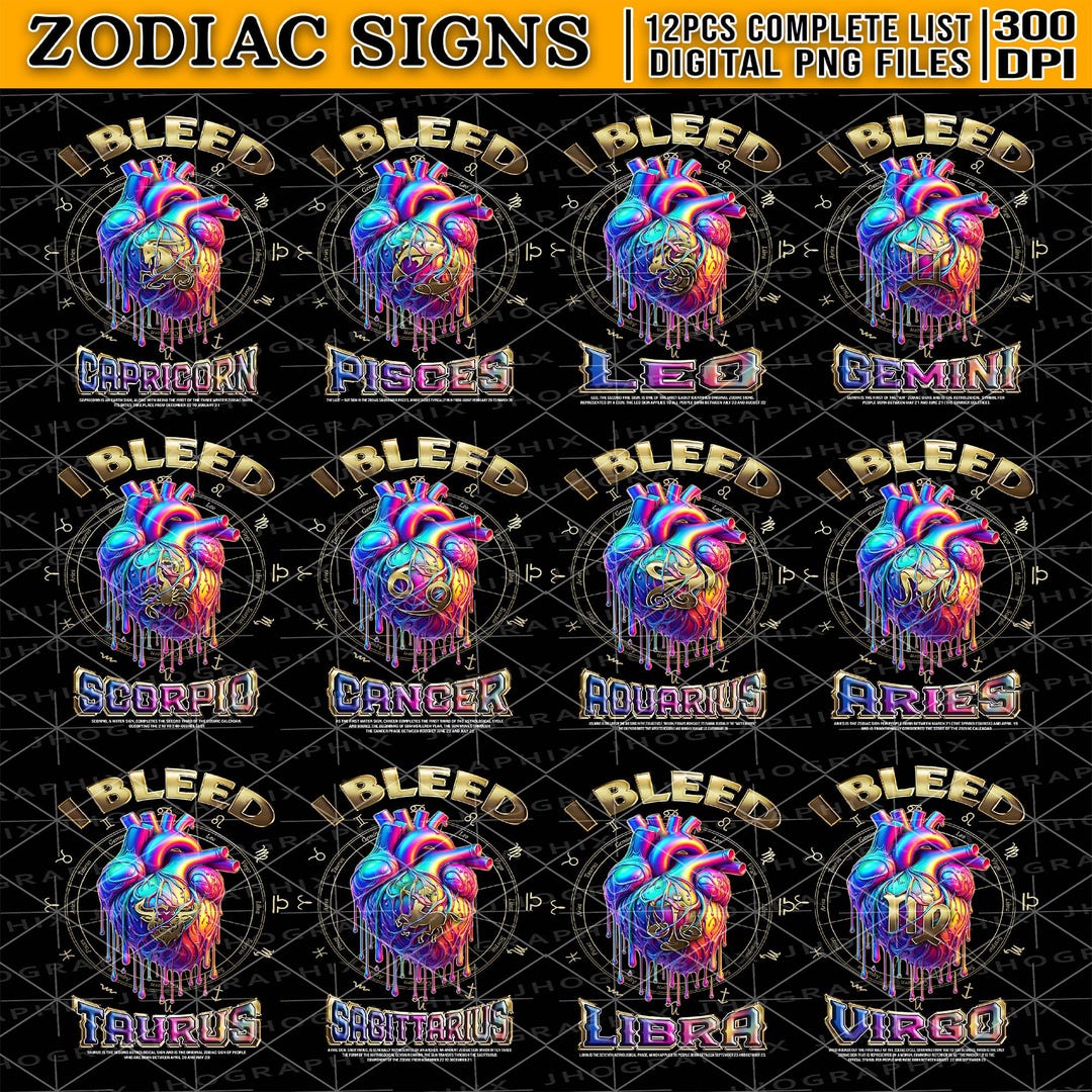 Zodiac Signs PNG Bundle: Astrology Heart Designs - Etsy