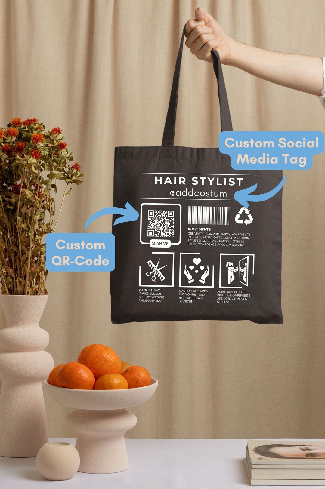 Custom Hair Stylist Tote Bag, Personalizable QR Code Bag, Business ...