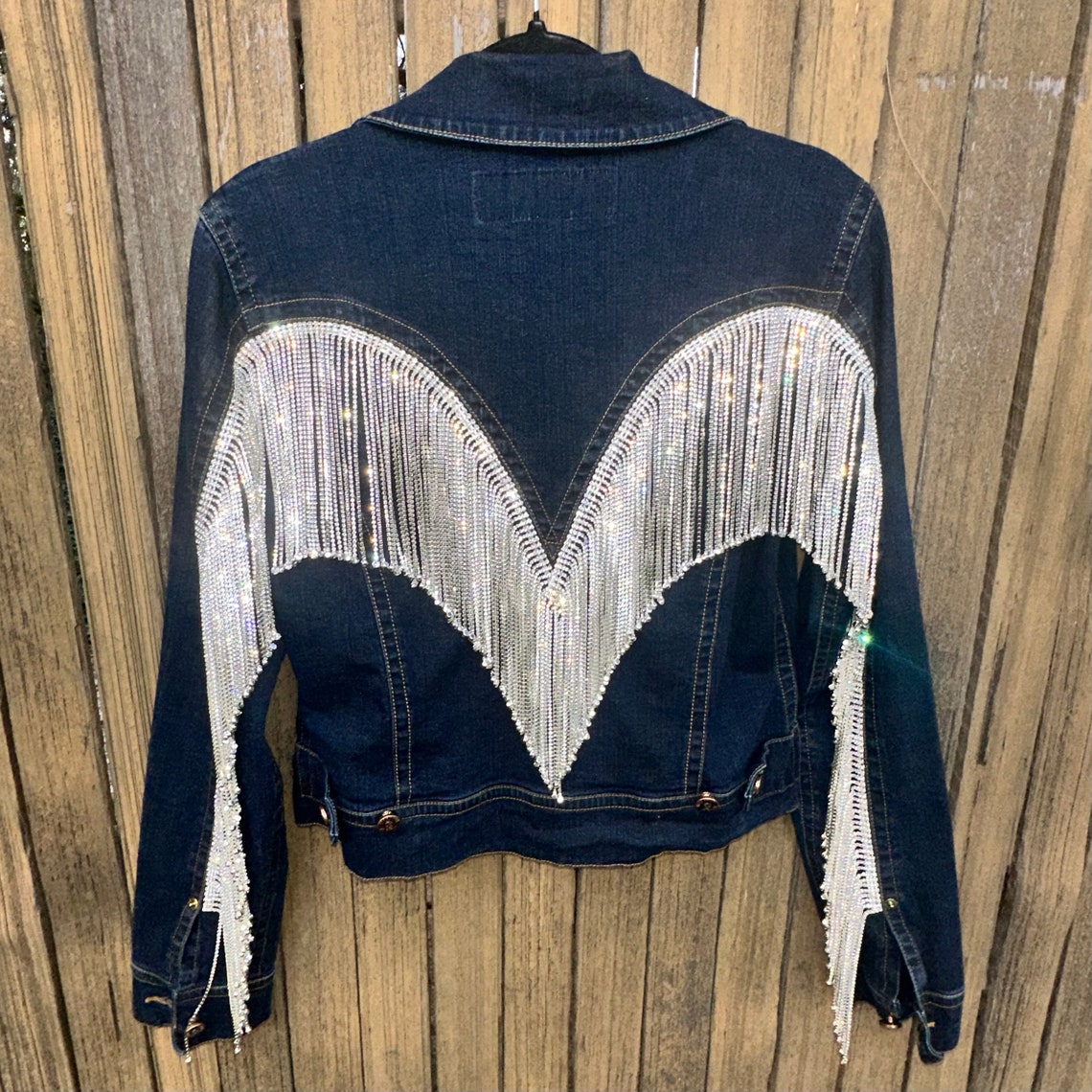 Custom Rhinestone Fringe Denim Jacket - Etsy