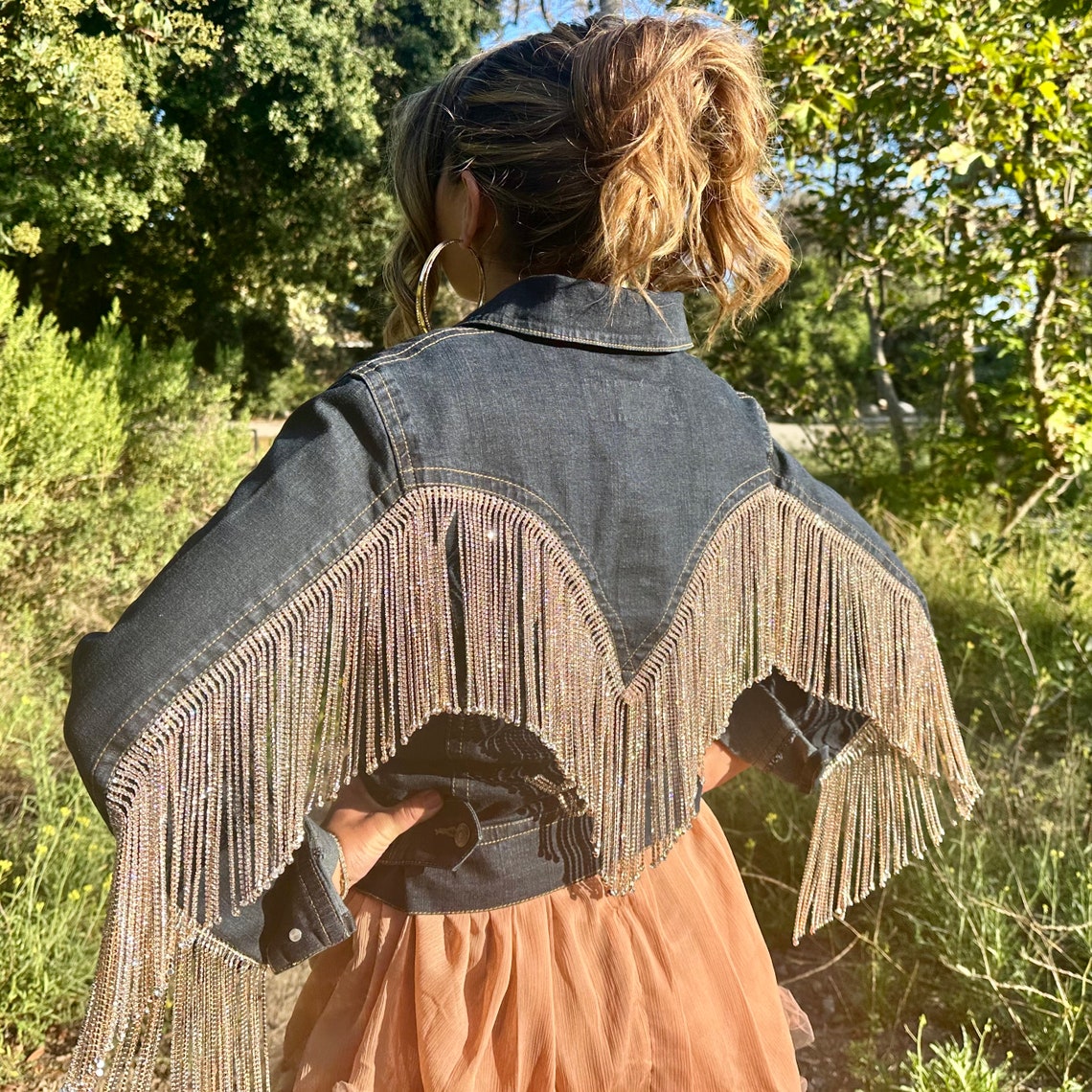 Custom Rhinestone Fringe Denim Jacket - Etsy