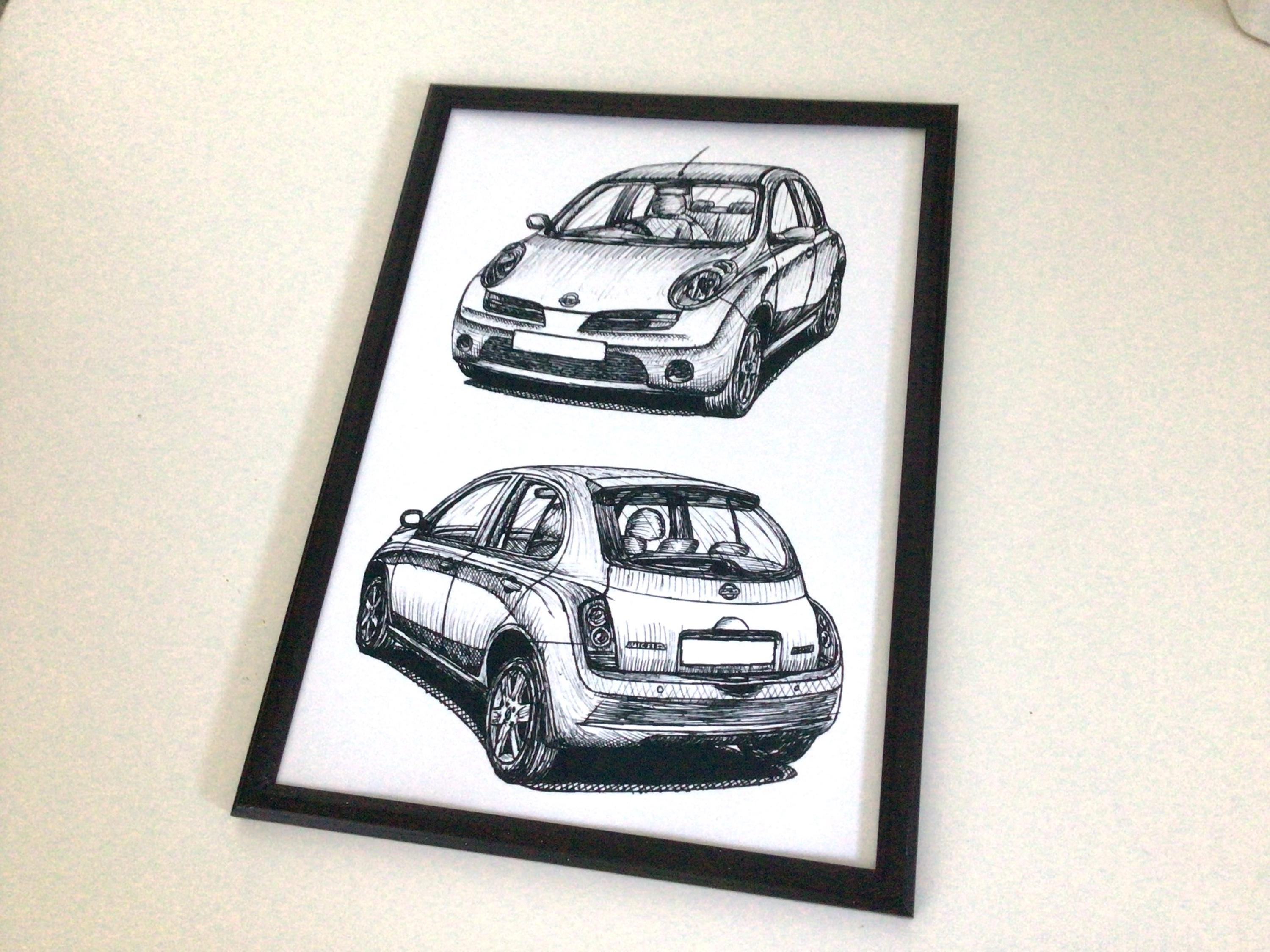 Nissan Micra K12 Car Print, Hand Drawn Car Drawing. Perfect Gift for ...