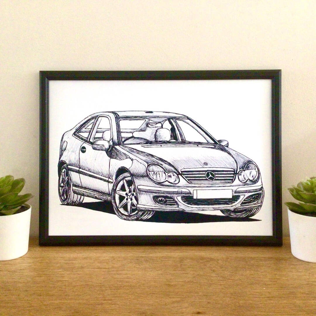 Mercedes C-class Car Print, Hand Drawn Car Drawing. Perfect Gift for ...