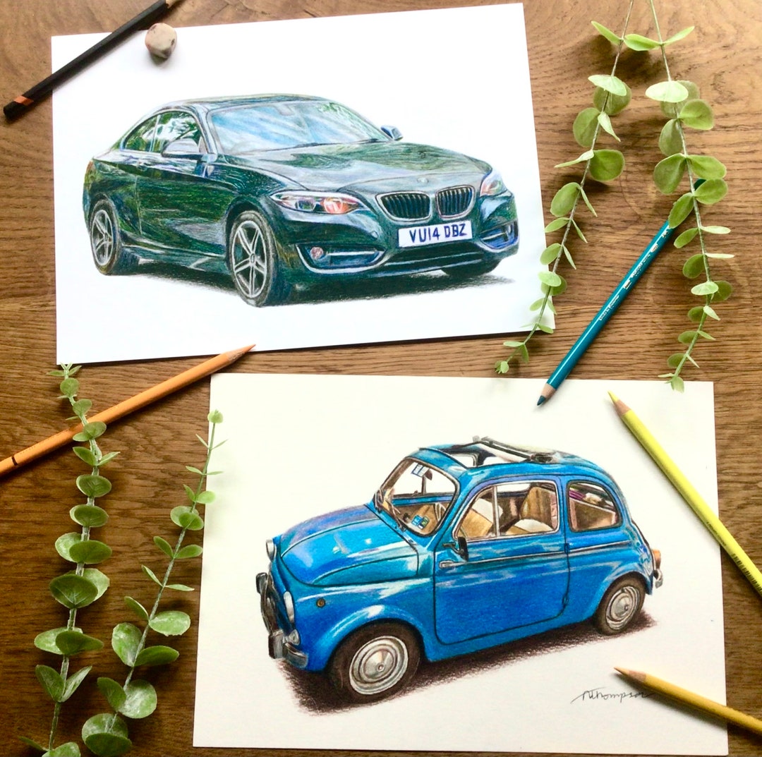 Coloured Pencil Car Drawing, Personalised Car Drawing, Car Portrait ...