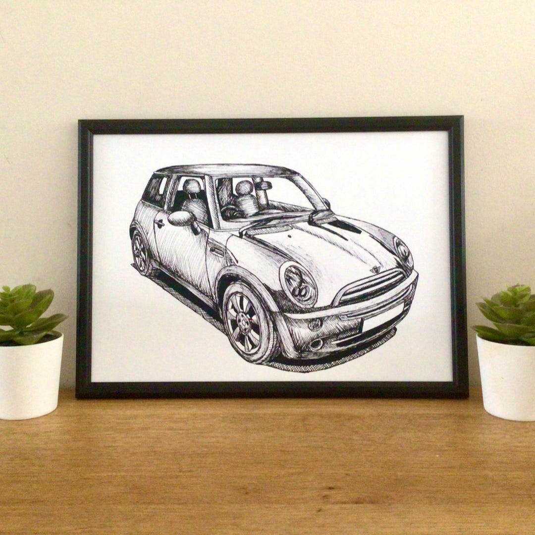 Mini Cooper R53 Car Print, Hand Drawn Car Drawing. Perfect Gift for Any ...