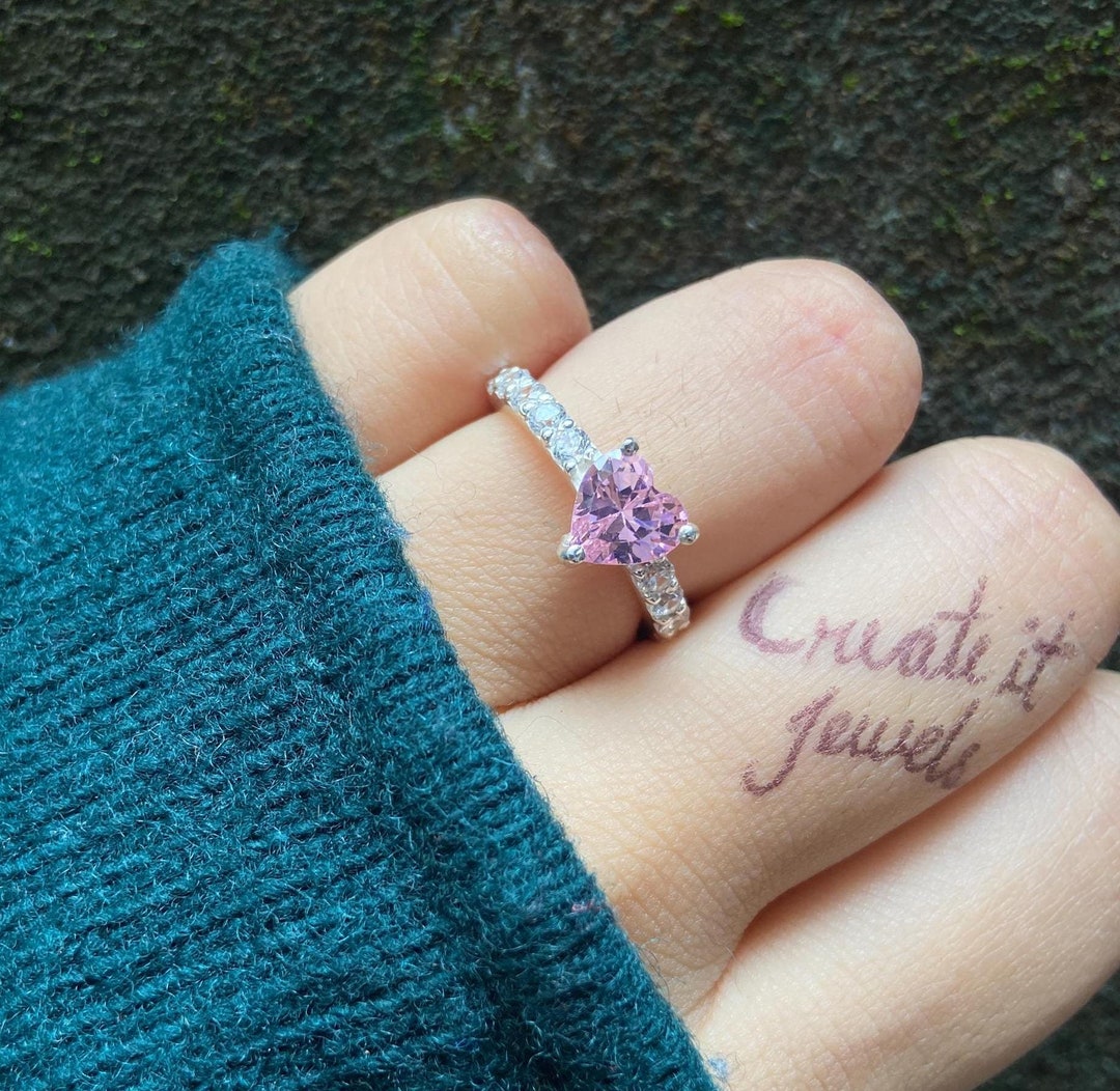Heart Shaped Pink Diamond Ring Three Stone Vivid Pink Diamond Simulant ...