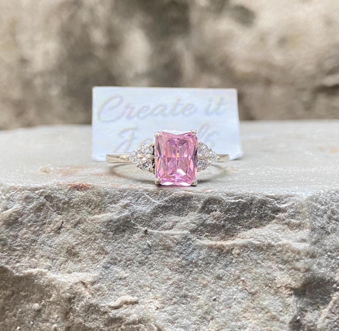 Pink Diamond Ring Three Stone Vivid Pink Diamond Simulant Engagement ...