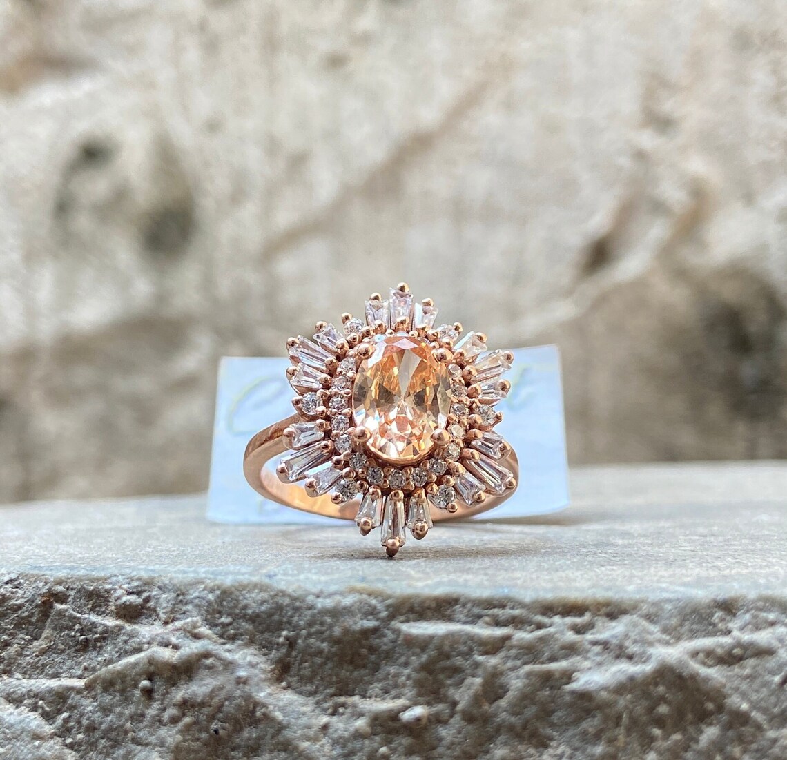 Vintage Morganite Engagement Ring Rose Gold Oval Morganite Ring Art Deco Halo Ring Dainty Ring ...