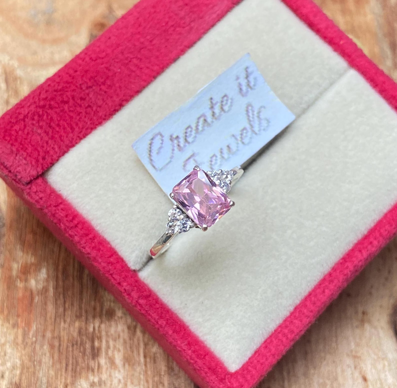 Pink Diamond Ring Three Stone Vivid Pink Diamond Simulant Engagement ...