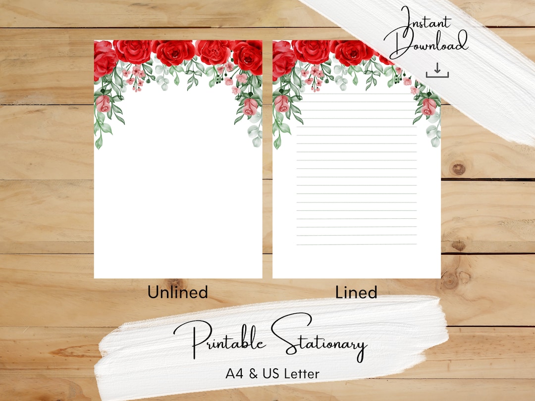 Red Roses Printable Stationery, Botanical, Writing Paper, A4, US Letter ...