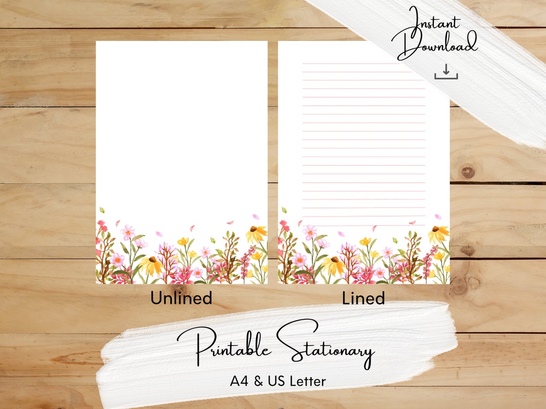 Pink Flowers and Sunflower Printable Stationery, Botanical, Writing ...
