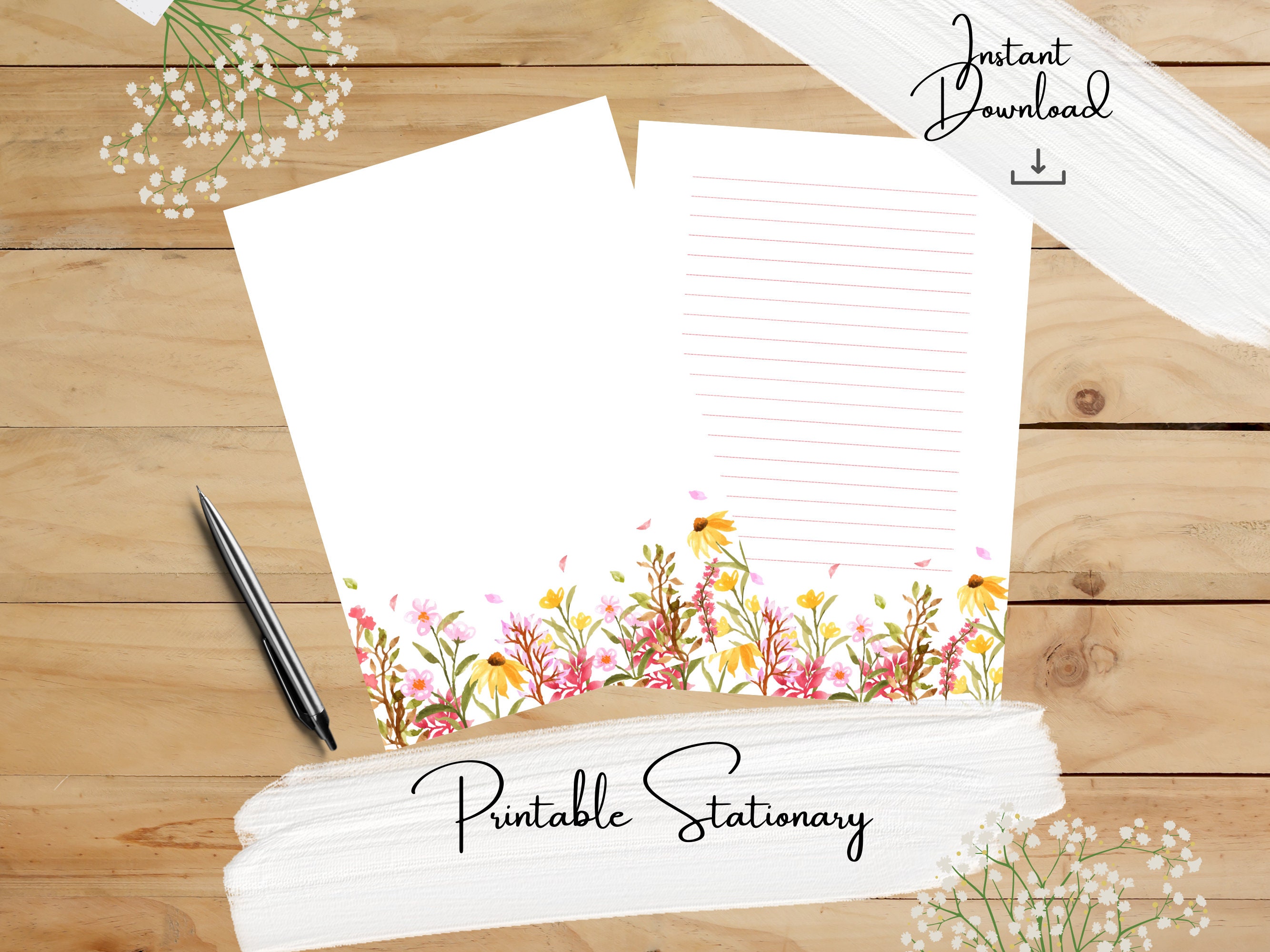 Pink Flowers and Sunflower Printable Stationery, Botanical, Writing ...