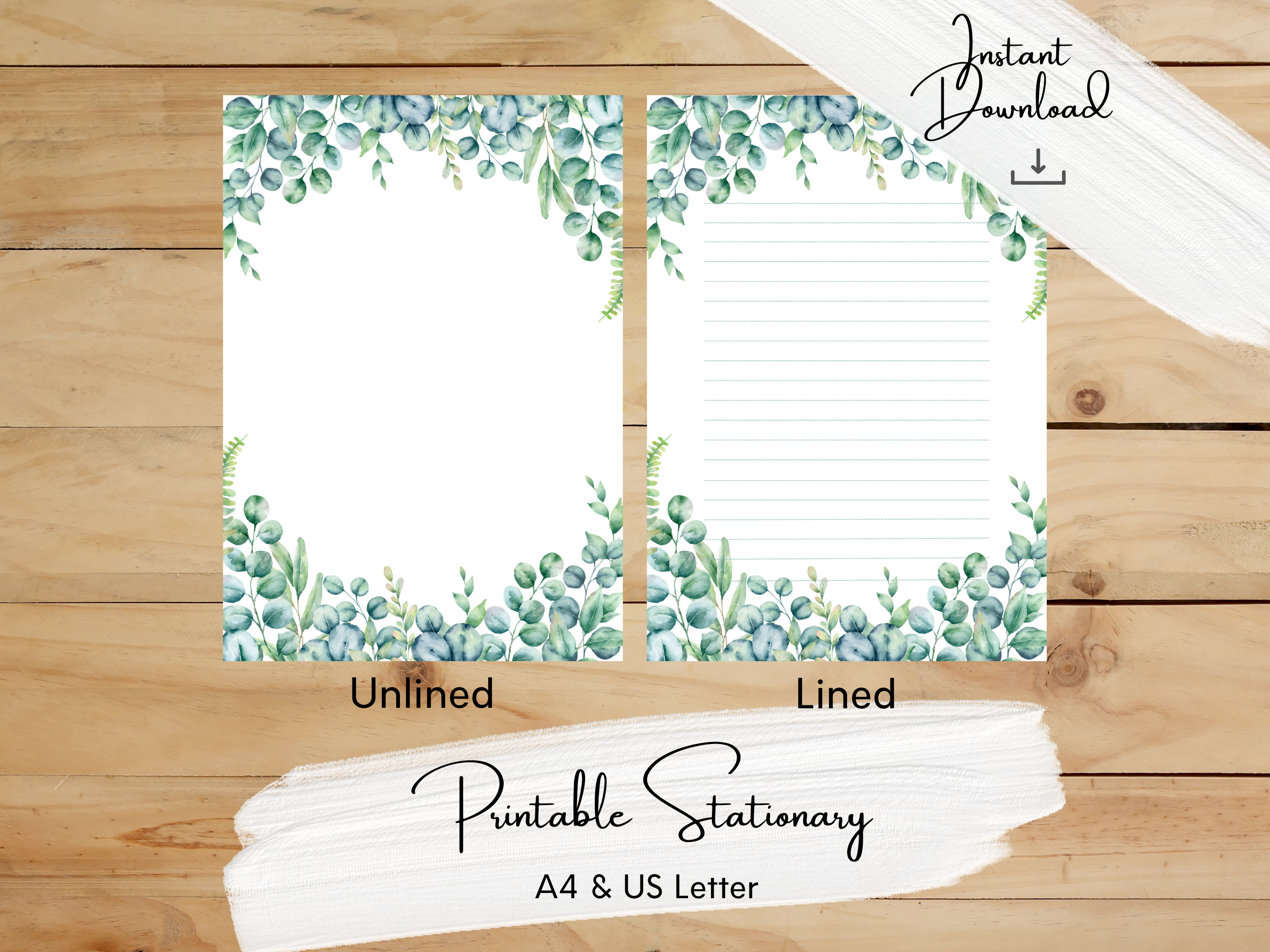 Eucalyptus Printable Stationery, Floral, Green Botanical, Writing Paper ...