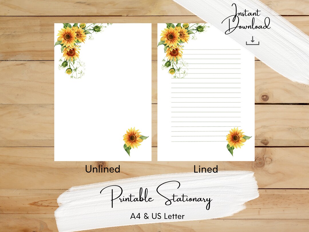 Sunflower Printable Stationery, Botanical, Writing Paper, A4, US Letter ...