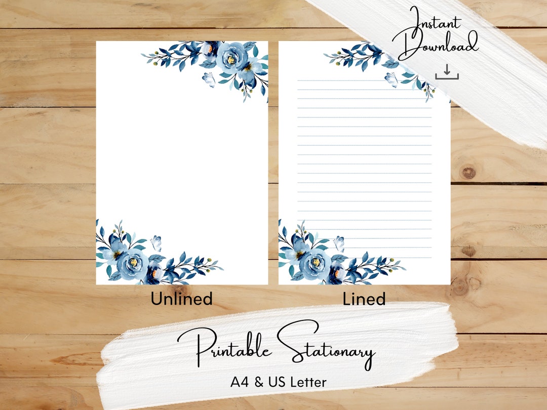 Blue Butterfly and Floral Printable Stationery, Watercolor Stationary ...
