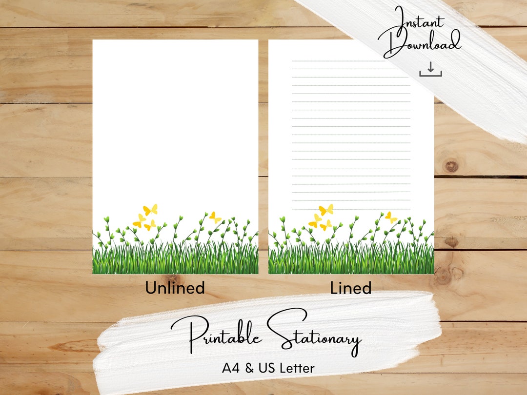 Green Grass Yellow Butterfly Printable Stationery, Botanical, Writing ...