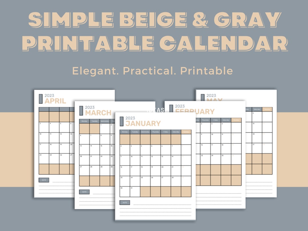 Printable Beige & Gray Yearly Calendar - Etsy