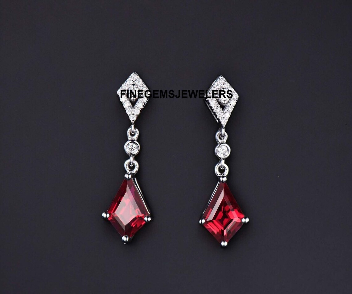 Vintage Kite Cut Ruby Earrings, Solid 14k Gold Halo Diamond Drop ...