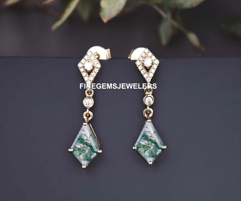 Vintage Kite Shaped Green Moss Agate Earrings Solid 925 Sterling Silver Halo Diamond Drop ...