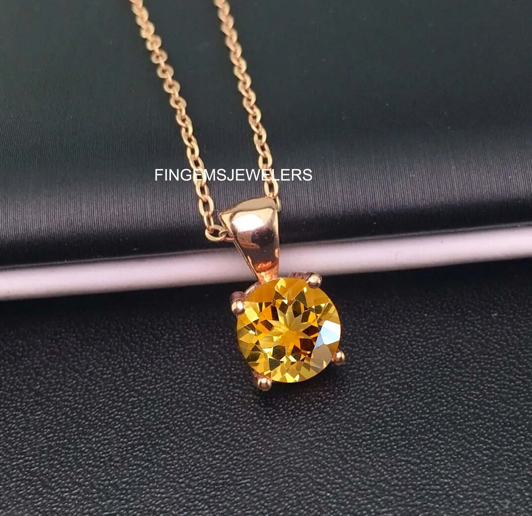 Dainty Yellow Topaz Pendant, Round Cut Golden Topaz Necklace in 925 ...