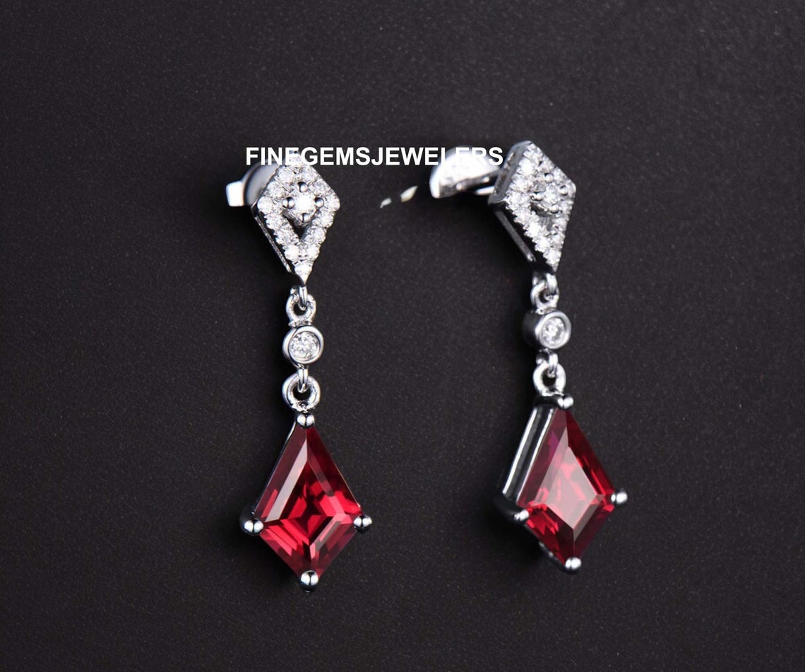 Vintage Kite Cut Ruby Earrings, Solid 14k Gold Halo Diamond Drop ...