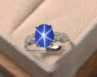 Genuine 6 Ray Blue Sapphire Star Ring 925 Sterling Silver Ring Blue ...