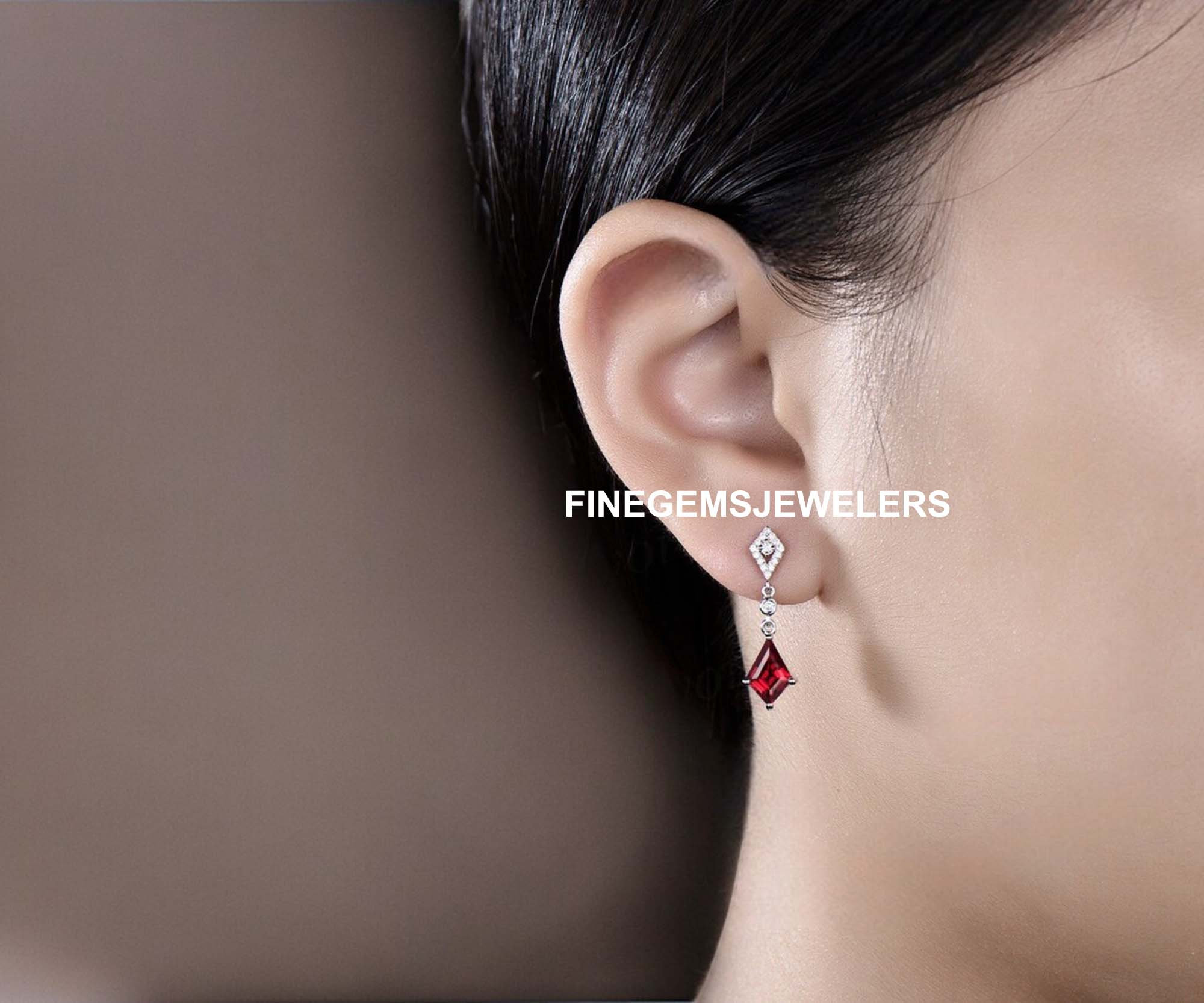 Vintage Kite Cut Ruby Earrings, Solid 14k Gold Halo Diamond Drop ...