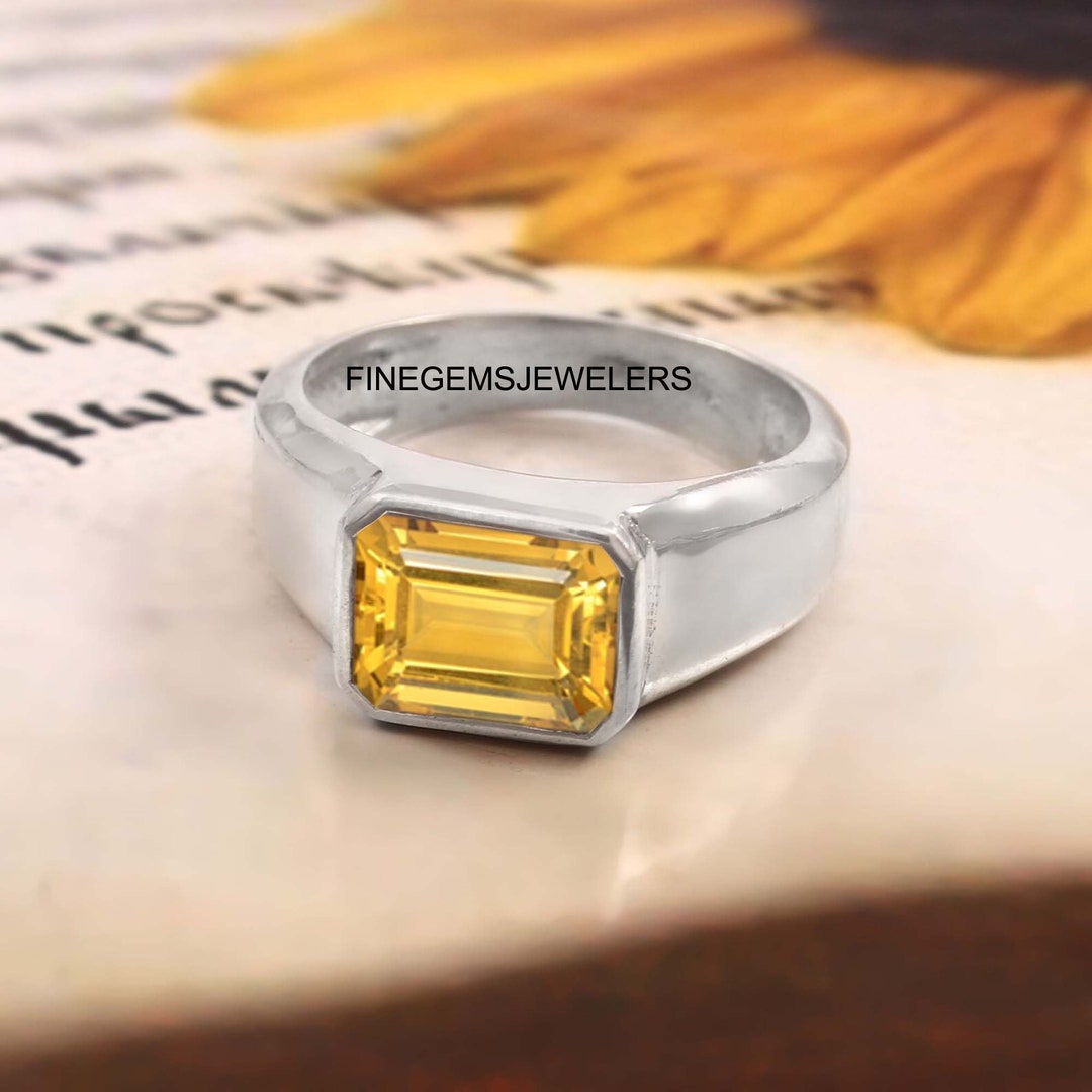 Emerald Cut Yellow Topaz Ring, Men's Yellow Topaz Ring, Solid 925 ...