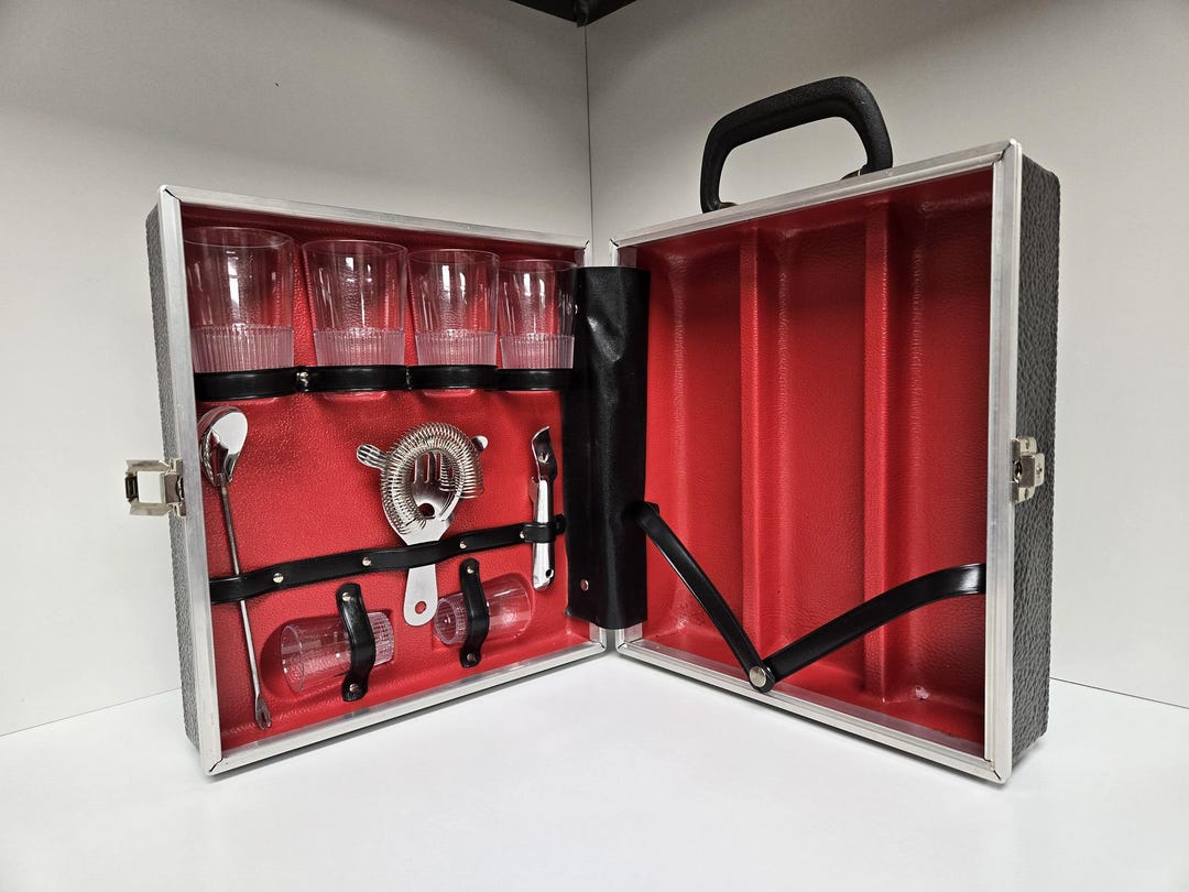 Vintage Travel Bar Set Portable Bartender Kit in Black & Silver Case ...